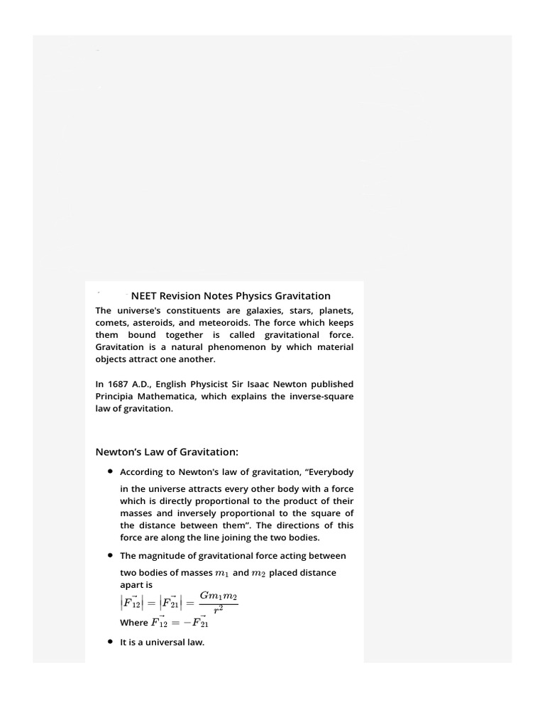 NEET Gravitation Study Notes | PDF | Newton's Law Of Universal ...