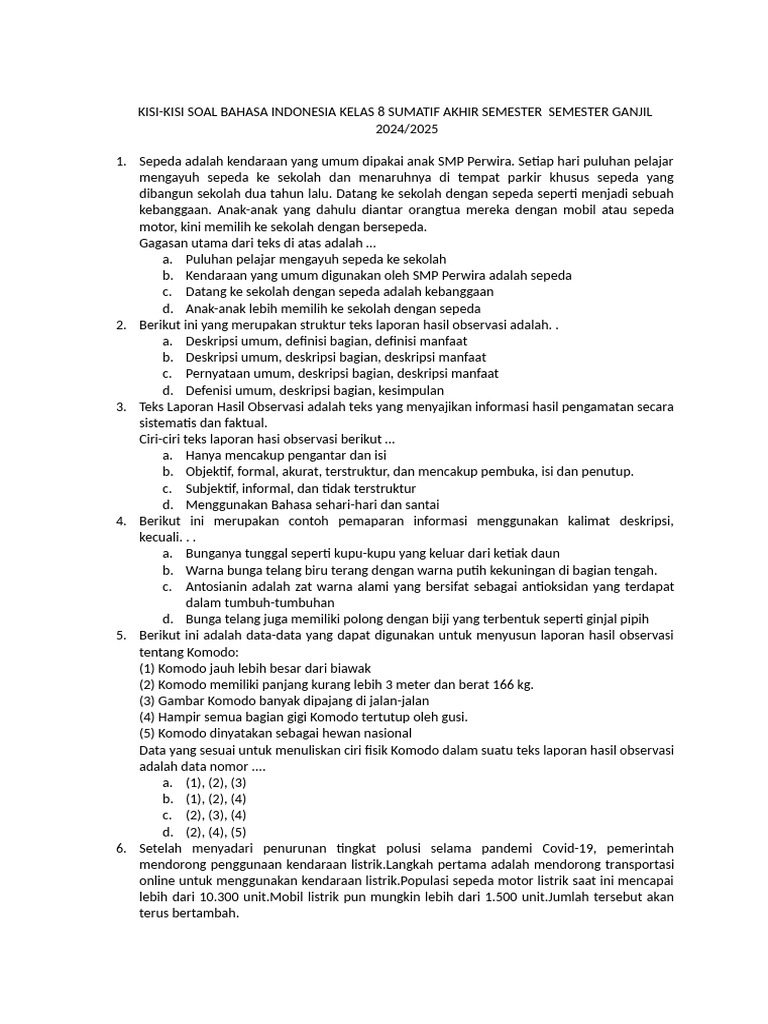 Kisi Kisi Soal Bahasa Indonesia Kelas 8 Siswa Ganjil Arnie | PDF