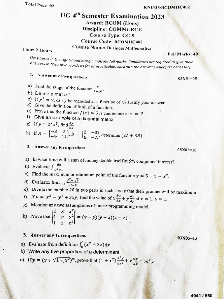 Business Mathematics Paper 2023 | PDF