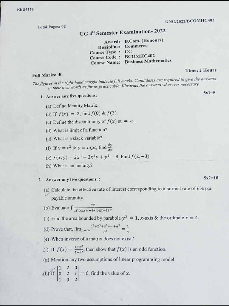Business Mathematics Paper 2022 | PDF