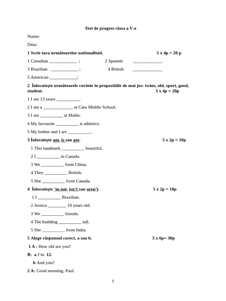 Progres Test Clasa a V-a Engleză | PDF