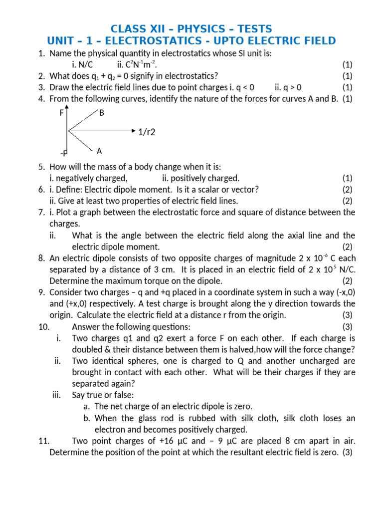 Unit - 1 Electrostatics - Upto Electric Field ASSIGNMENT 2 | PDF ...