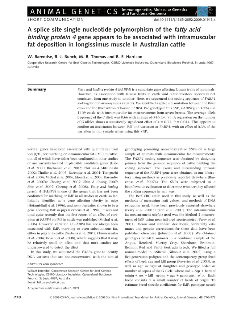 barendse2009 | PDF | Single Nucleotide Polymorphism | Genetics
