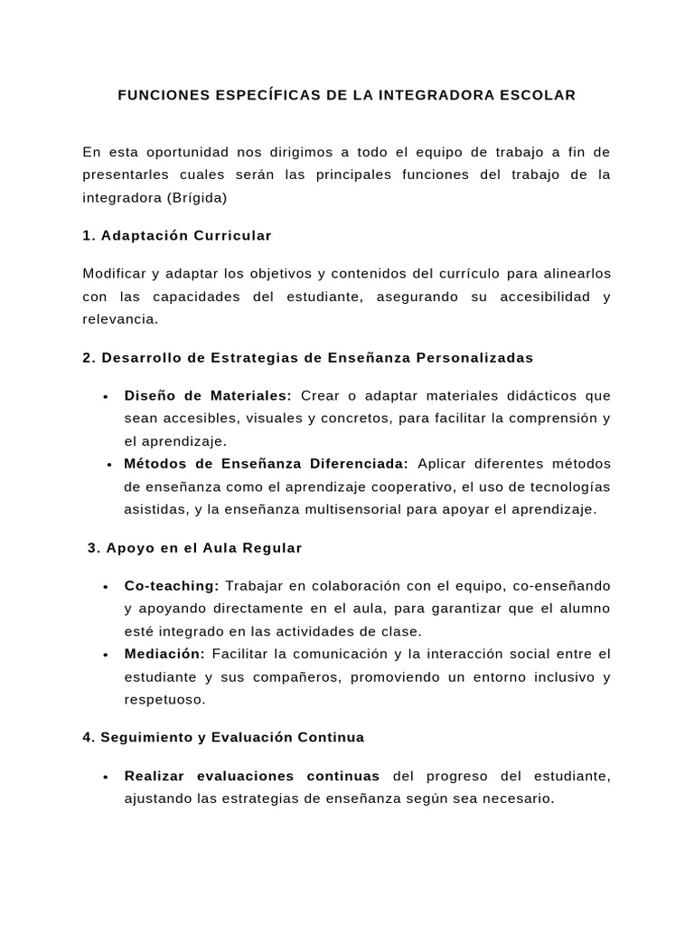 Funciones Específicas de La Integradora Escolar | PDF