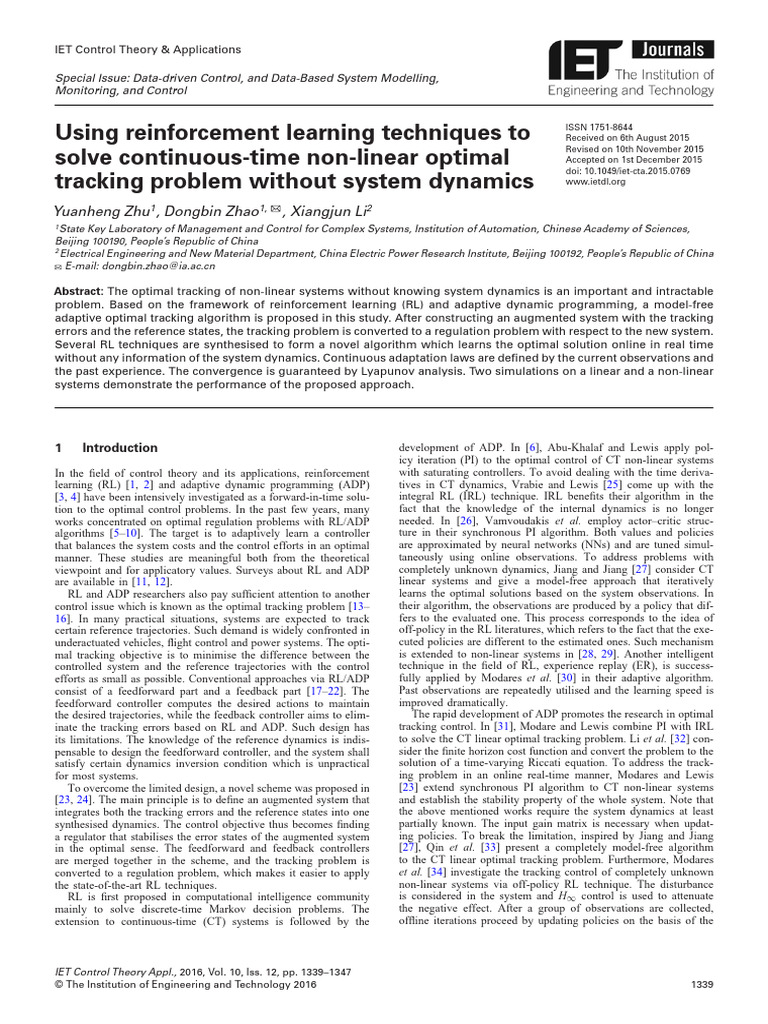 [28] Using Reinforcement Learning Techniques to Solve Continuous-time Non-linear Optimal ...