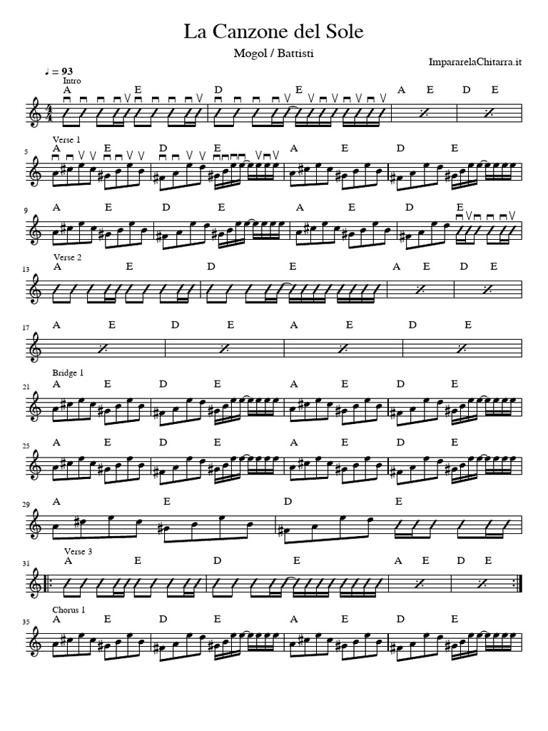 L. Battisti - La Canzone del Sole (impararelachitarra.it) | PDF | Songs ...