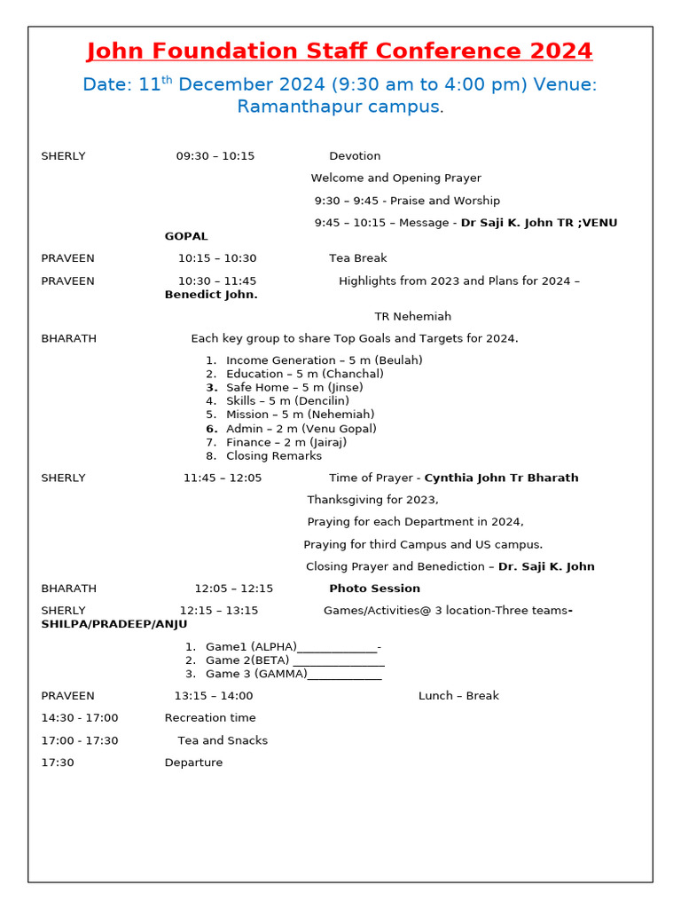 John Foundation Staff Conference 2024 Agenda | PDF