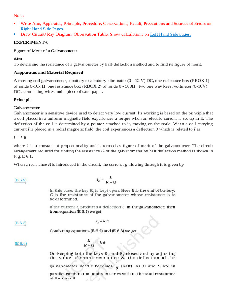 Galvanometer Resistance Experiment Guide | PDF | Equipment | Electricity