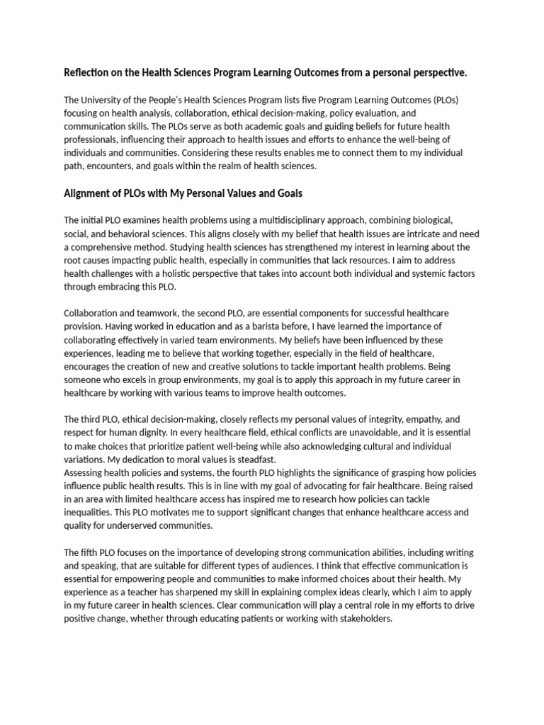 Personal Reflection on Health PLOs | PDF | Health Care | Science