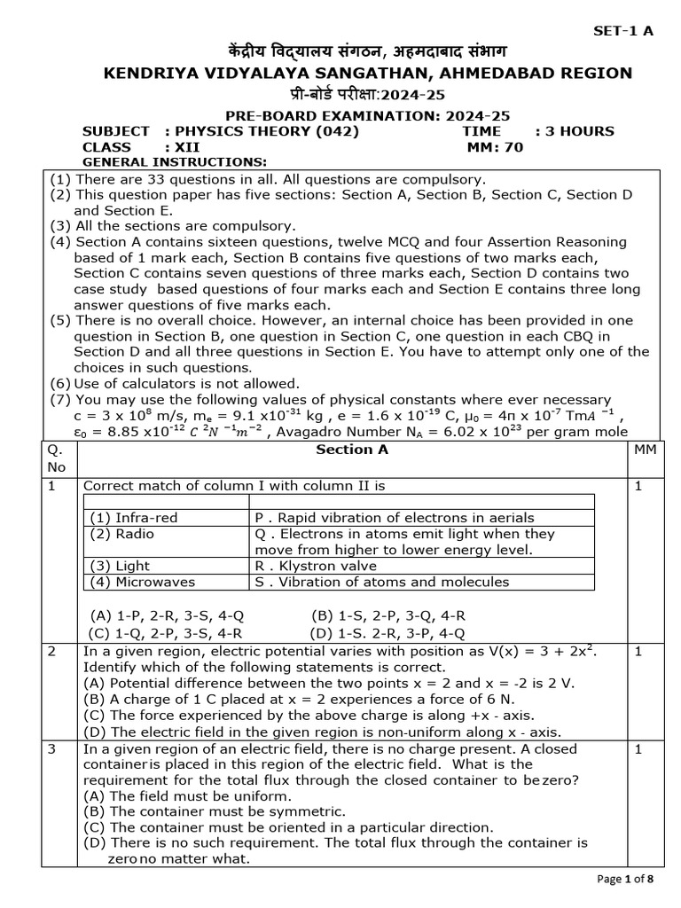 Physics - Xii-Qp-Pb-2024-25-Set-1a | PDF | Photoelectric Effect | Electrodynamics