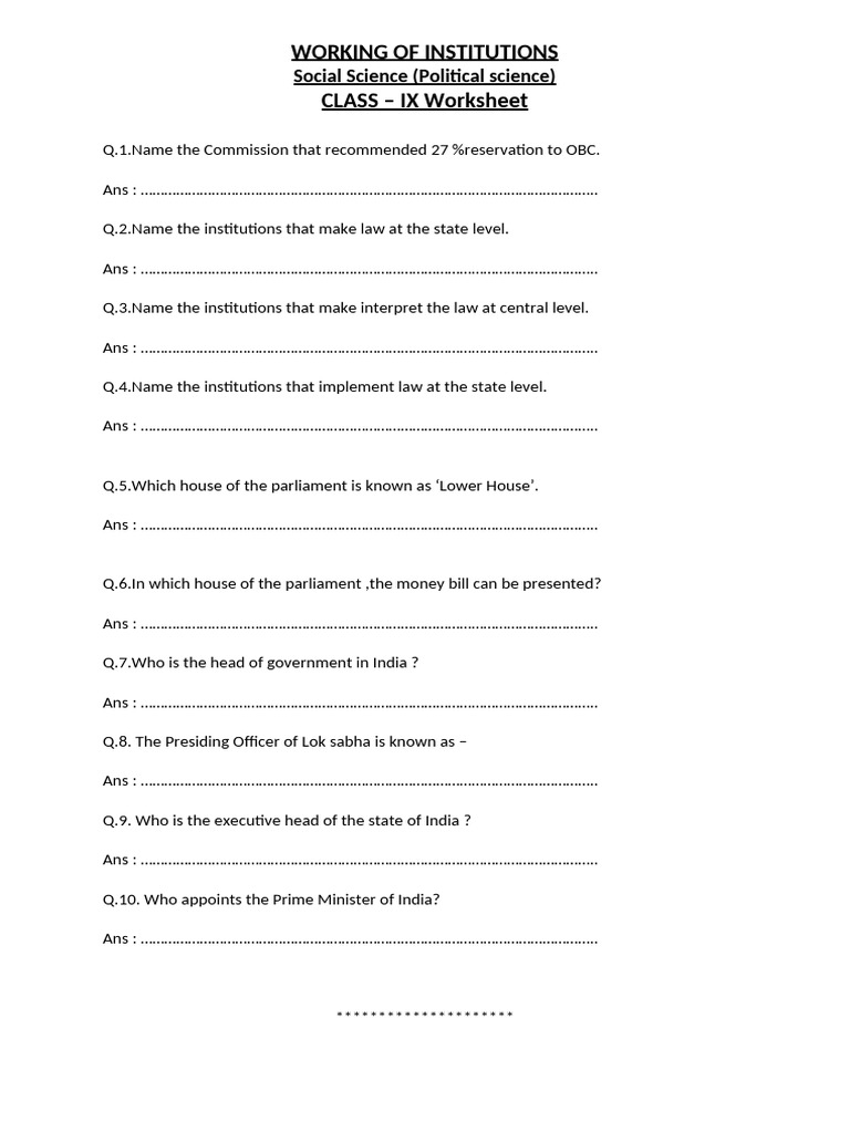Working of Institution-Worksheet | PDF