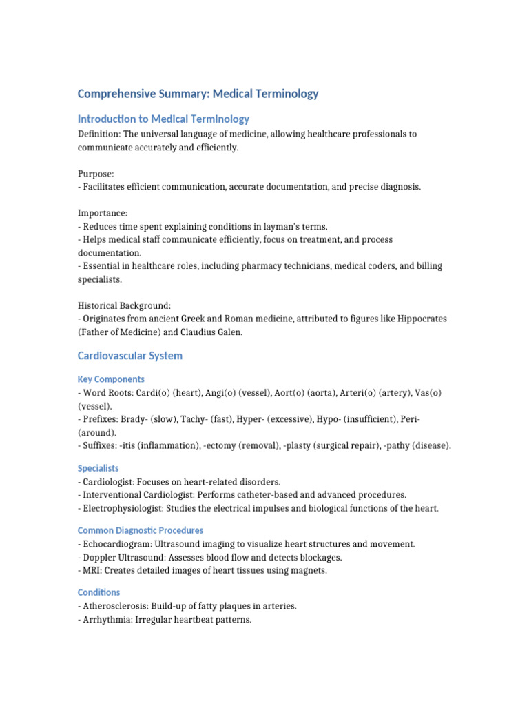 Medical Terminology Summary | PDF | Heart | Neurology