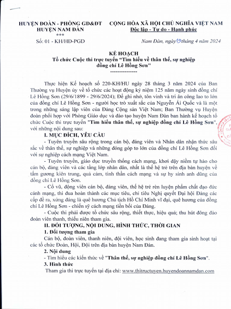 KH 01 Ngay 19 4 2024 Cua Huyen Doan Phong GDDT Ve To Chuc Thi Tim Hien Than The Su Nghiep DC Le ...