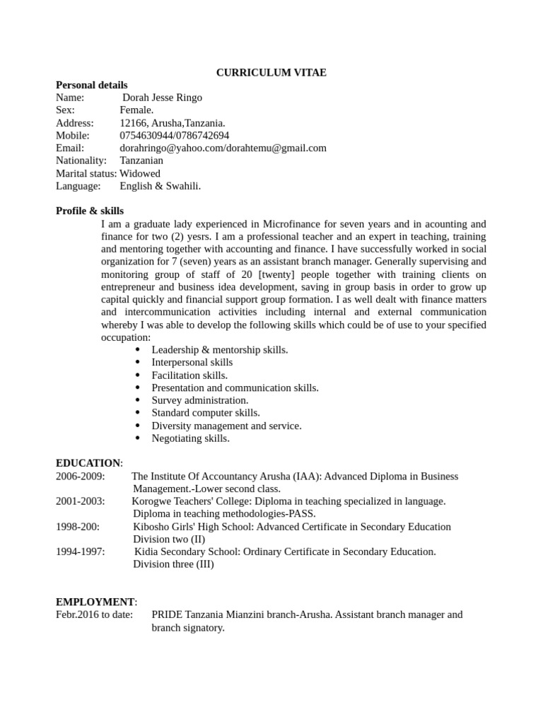 DORAH CV General(2) | PDF | Mentorship | Loans