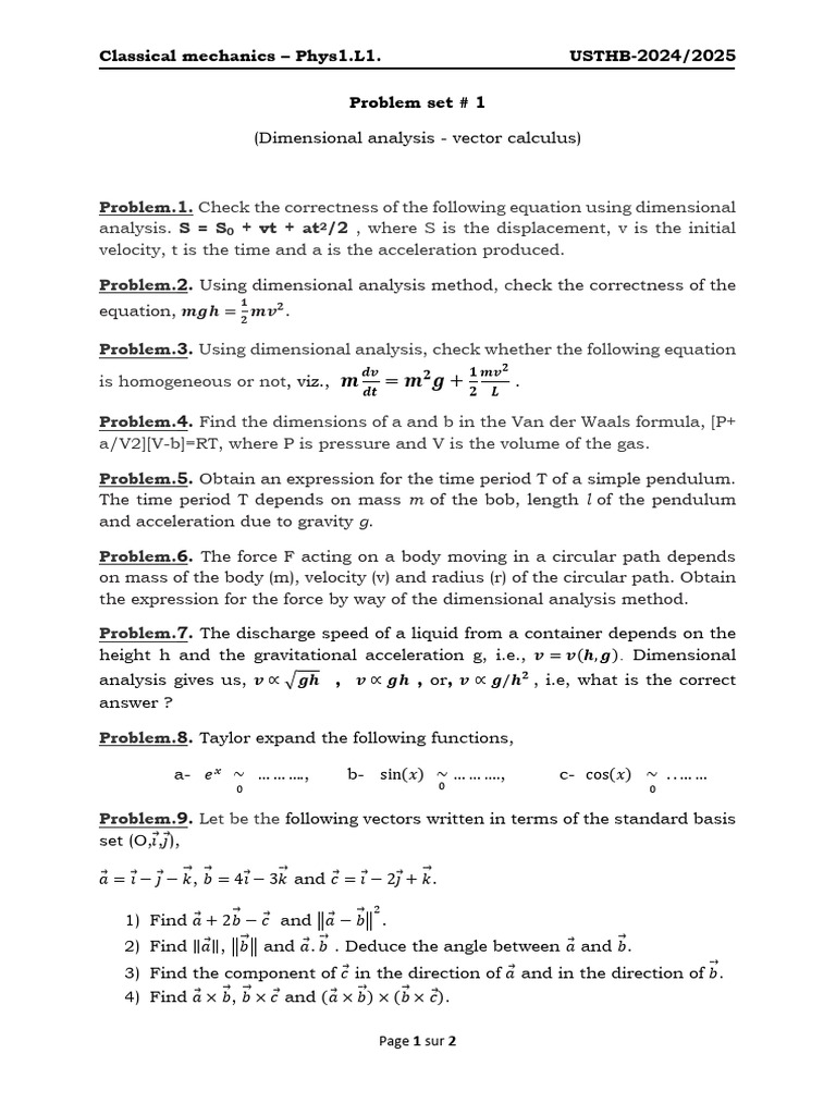 Problem Set - 1 - 24-25 | PDF | Acceleration | Euclidean Vector