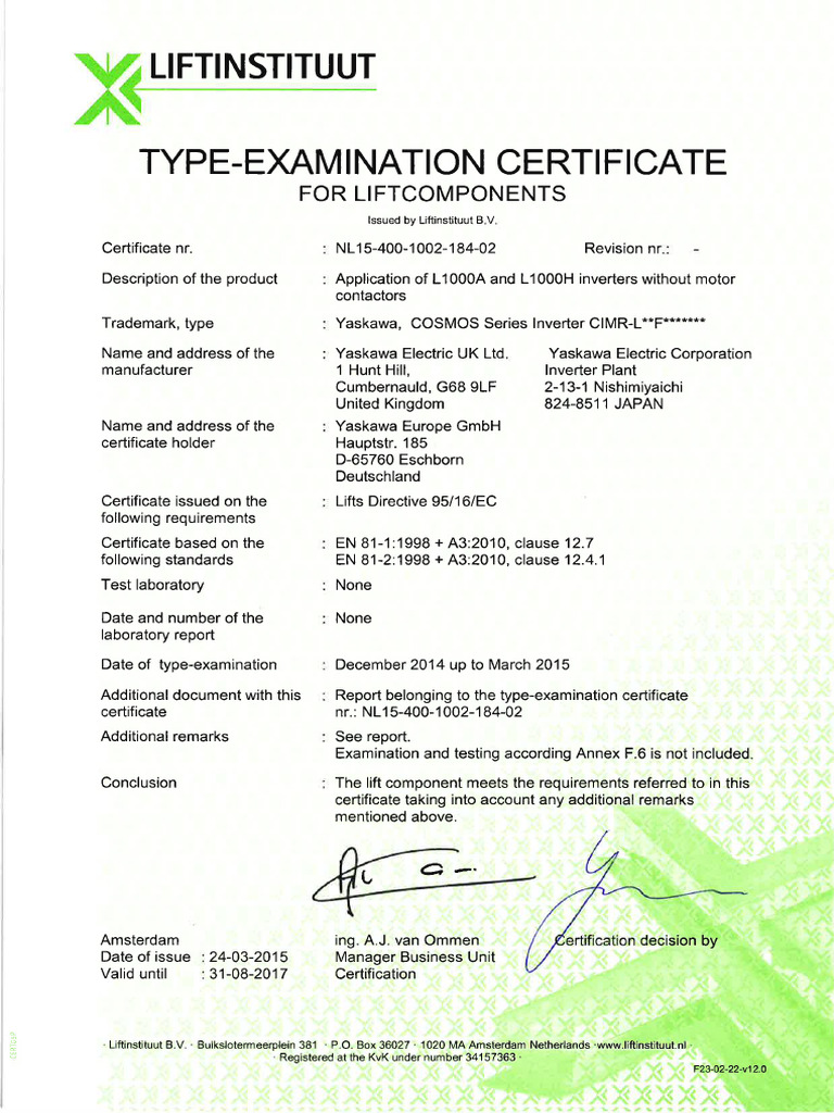 Certificaat type exam Yaskawa L1000A Inverter | PDF | Electrical Engineering | Electricity