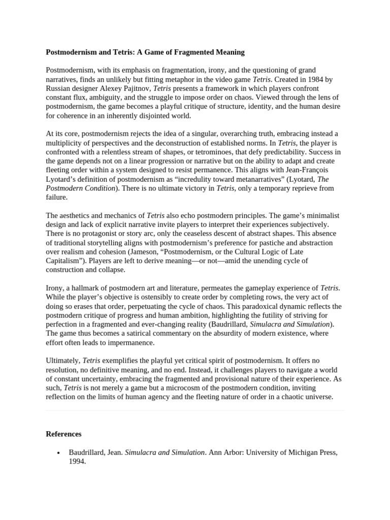 Postmodernism And Tetris Pdf Postmodernism Narrative