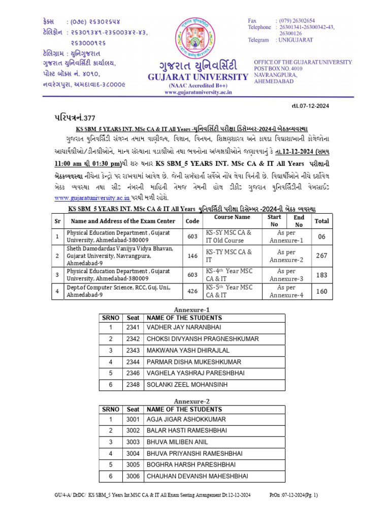 KS SBM - 5 Years Int - MSC CA & IT All Exam Seating Arrangement Dt.12!12!2024 | PDF