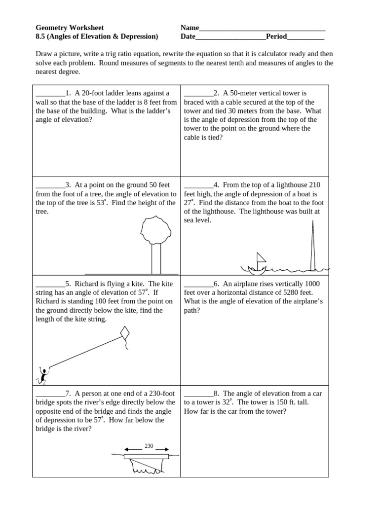 Angles of Elevation and Depression Worksheet | PDF | Cliff | Angle