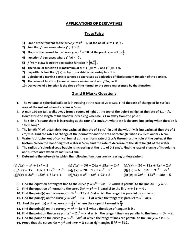 10+2 Applications of Derivatives | PDF | Slope | Derivative