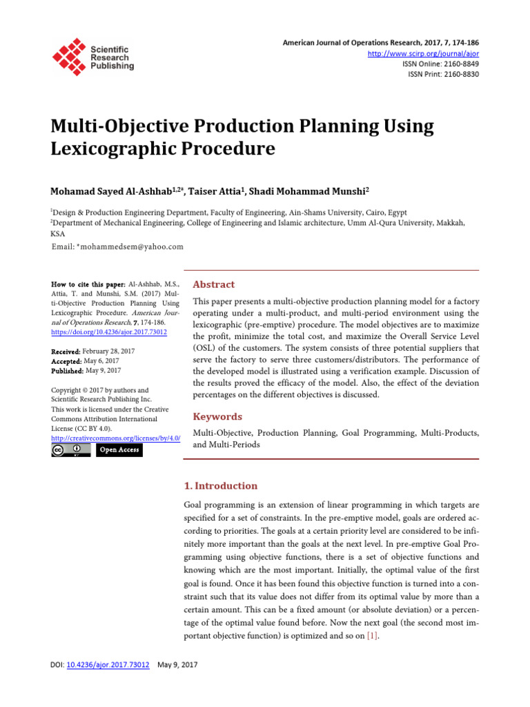 Multi-Objective Production Planning Using Lexicogr | PDF | Mathematical ...