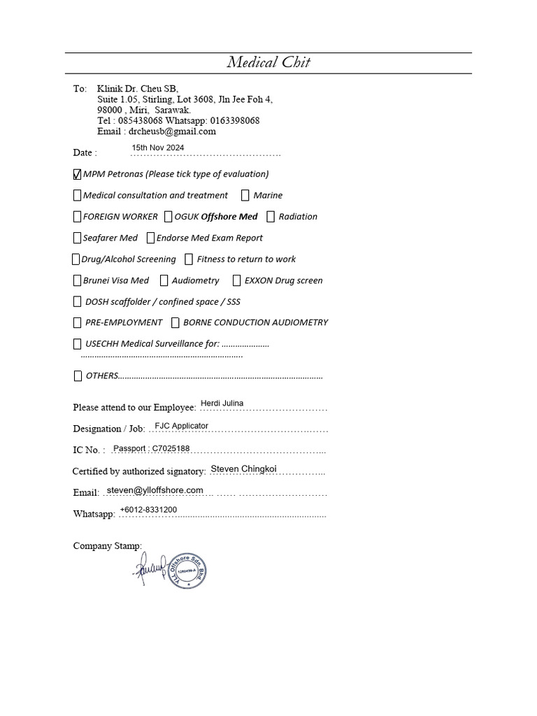 Herdi Julina - Medical Chit for MPM Medical on 15 Nov 2024 | PDF