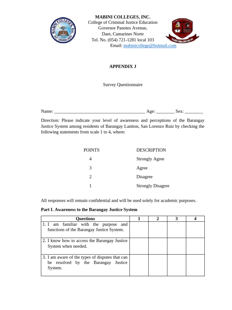 Survey Questionnaire Appendix J Pdf Justice Crime Violence
