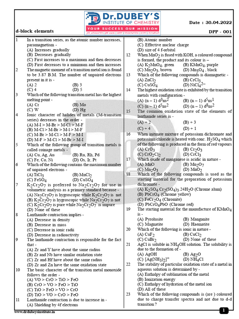 D Block Elements 30 04 Pdf Transition Metals Lanthanide
