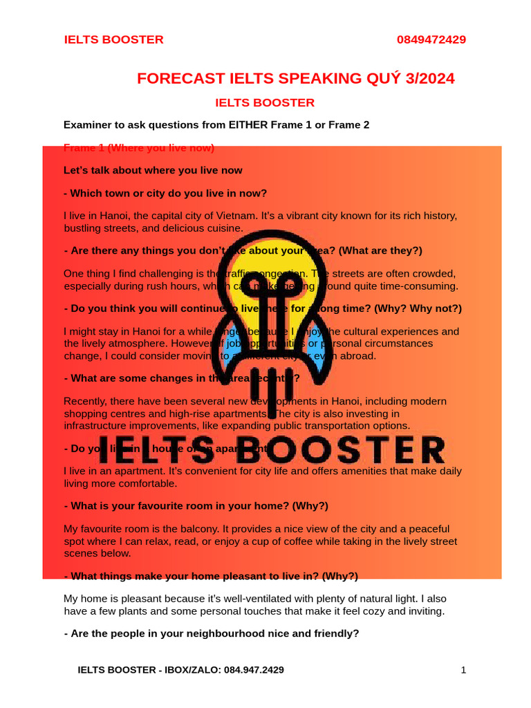 (Sample) Forecast Speaking Quý 3-2024 (Ielts Booster) | PDF | English ...