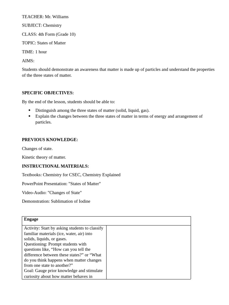 WEEK 2 LESSON PLAN SUBMISSION-4TH FORM STATES OF MATTER | PDF | Gases ...