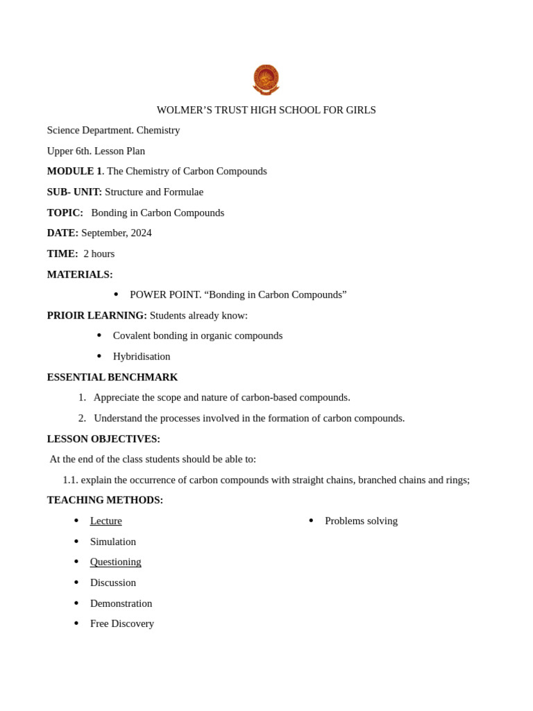 WEEK 1 LESSON PLAN SUBMISSION-U6 BONDING IN CARBON | PDF | Chemical ...