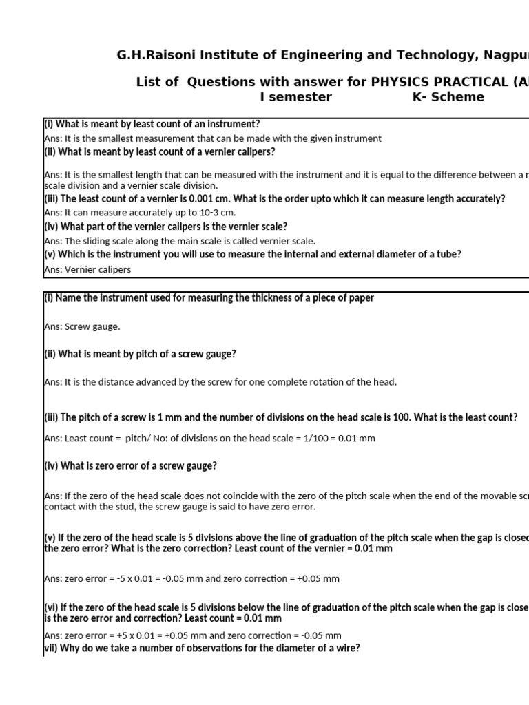 List of questions with answer for K scheme physics practical I sem (1 ...