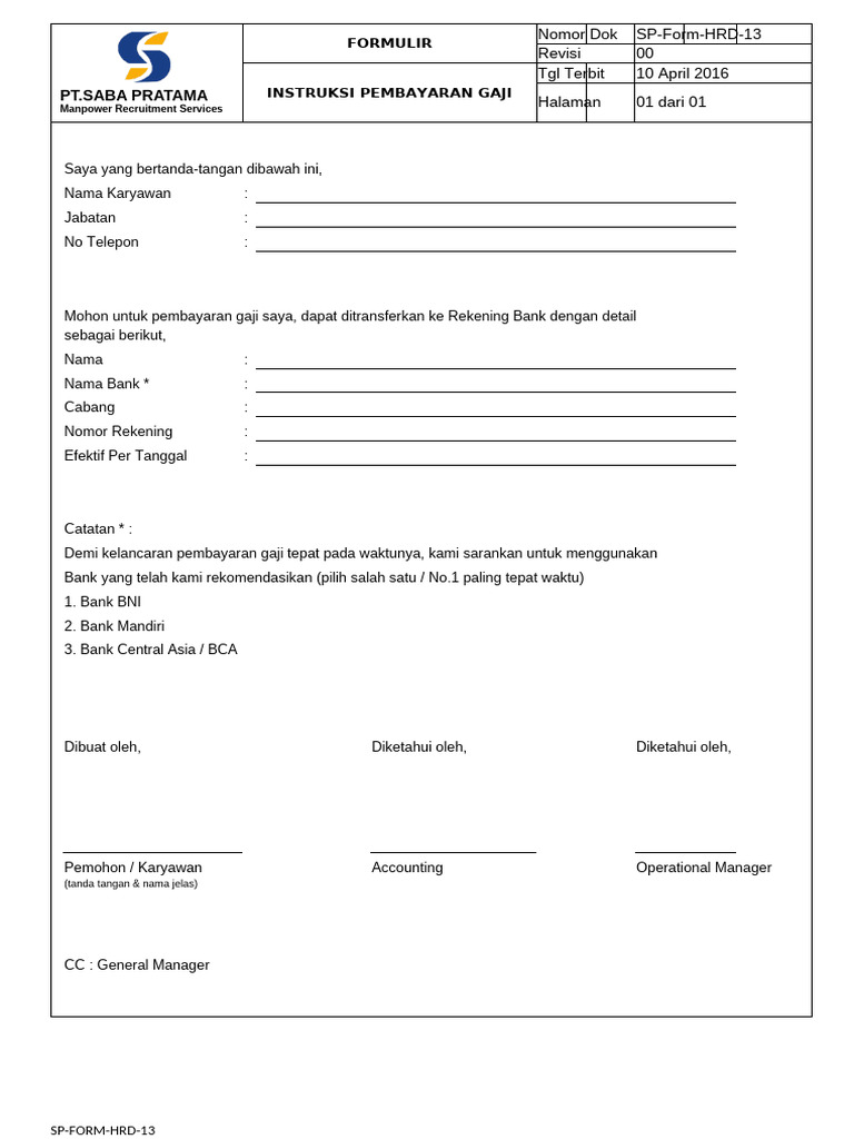 SP-Form-HRD-13 - Formulir Instruksi Pembayaran Gaji | PDF