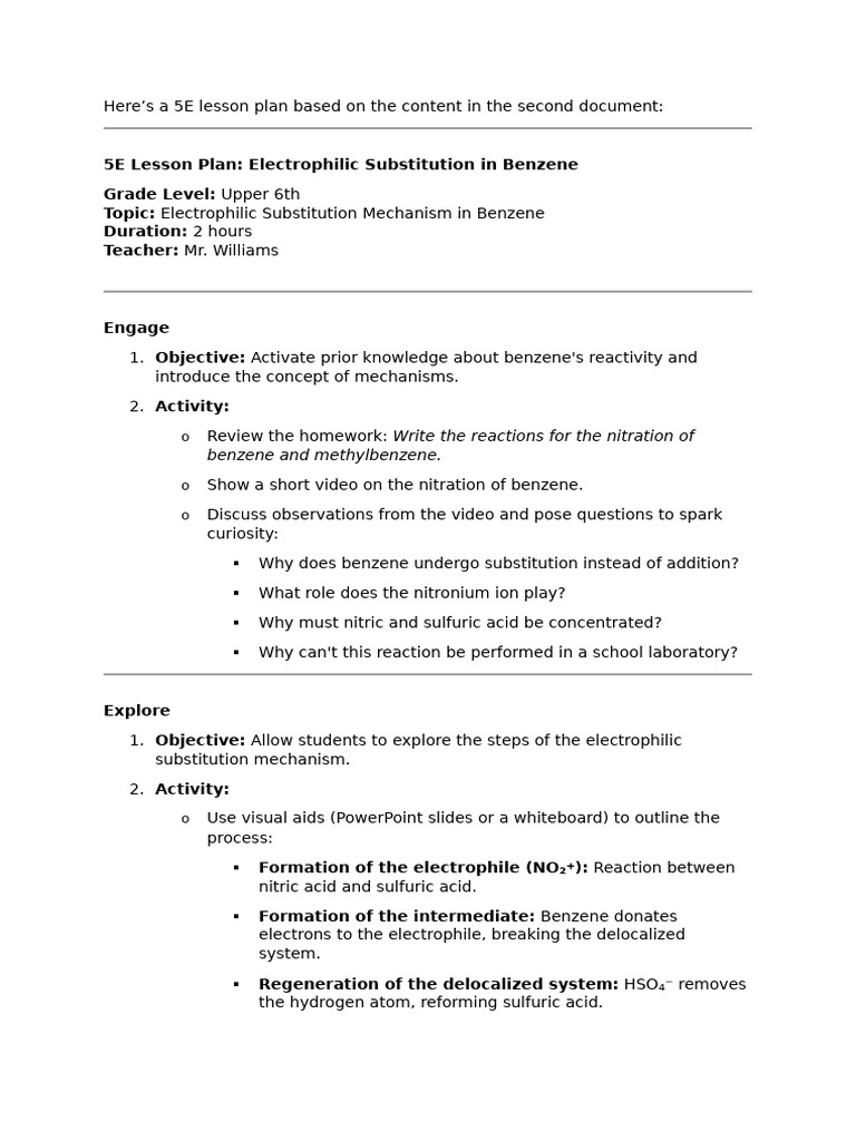 5E Lesson Plan: Benzene Nitration Mechanism | PDF | Benzene | Chemical ...