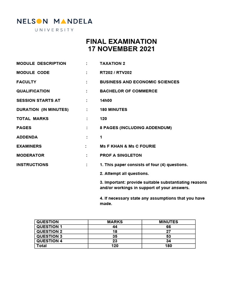 RTV202 Question Paper Final Exam 2021 PDF | PDF | Tax Refund | Expense