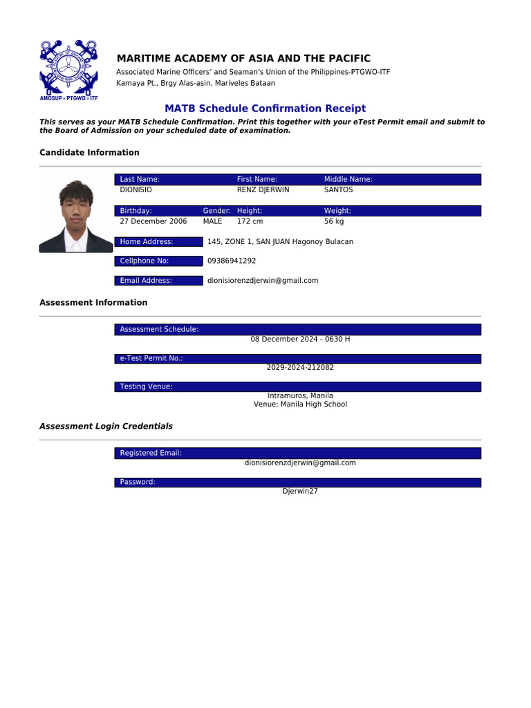 Assessment Schedule Confirmation Receipt | PDF