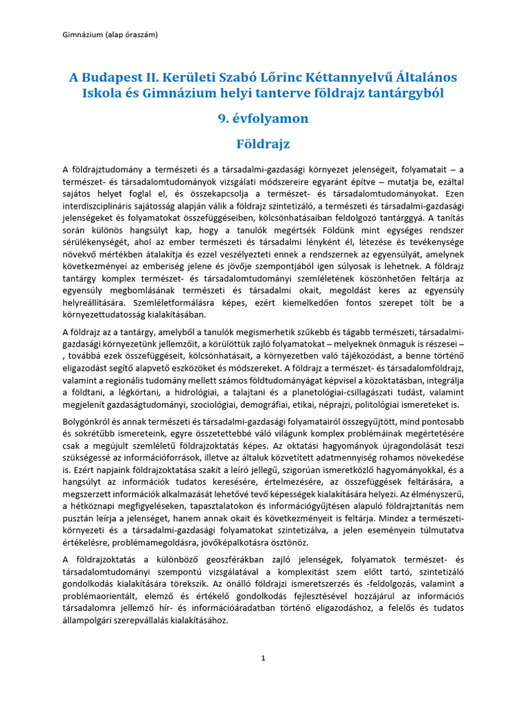 Foldrajz Helyi Tanterv 9. Evfolyam NAT2020 Kéttan | PDF