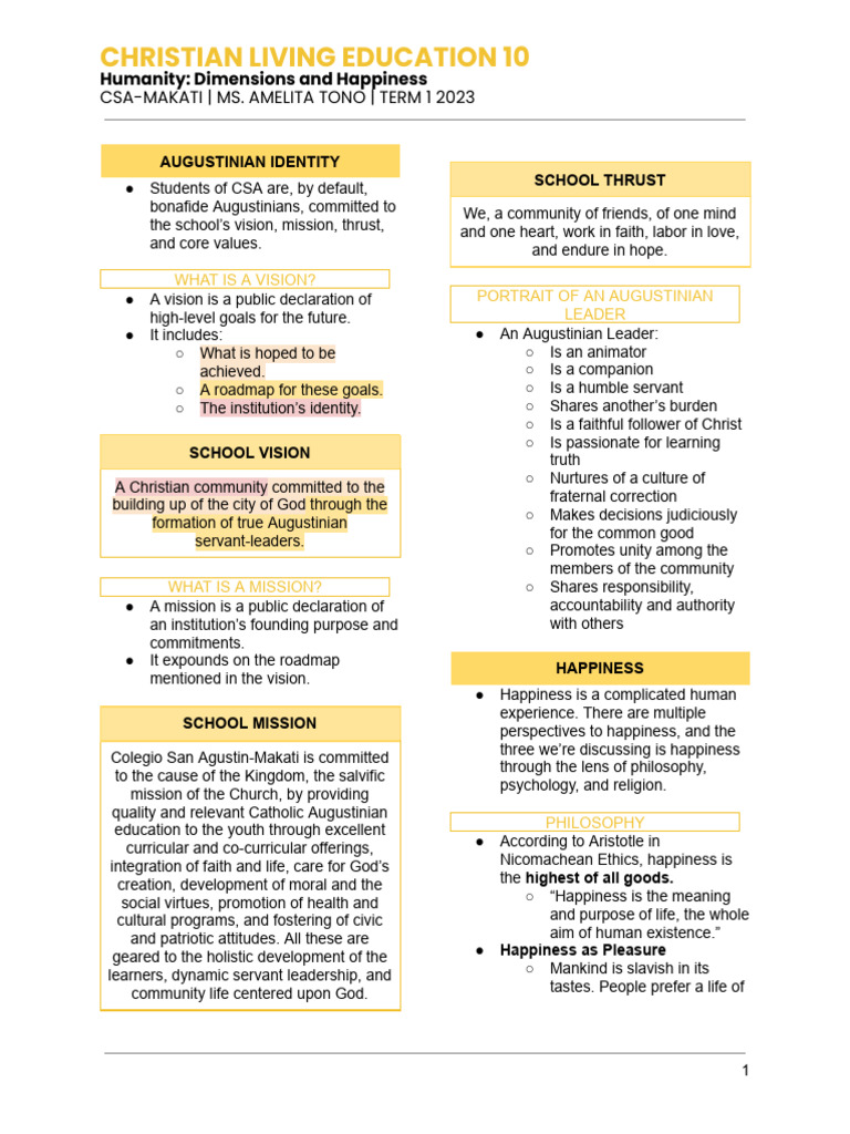 CLE 10 First Term Reviewer | PDF | Virtue | Happiness