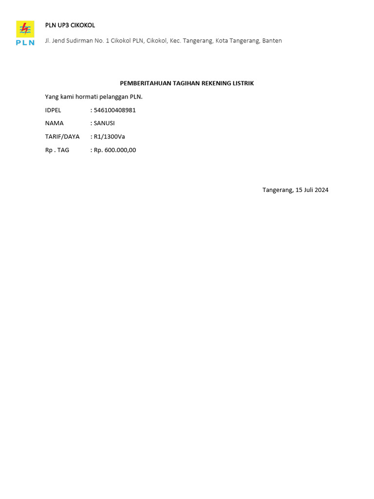 Pemberitahuan Tagihan Rekening Listrik | PDF