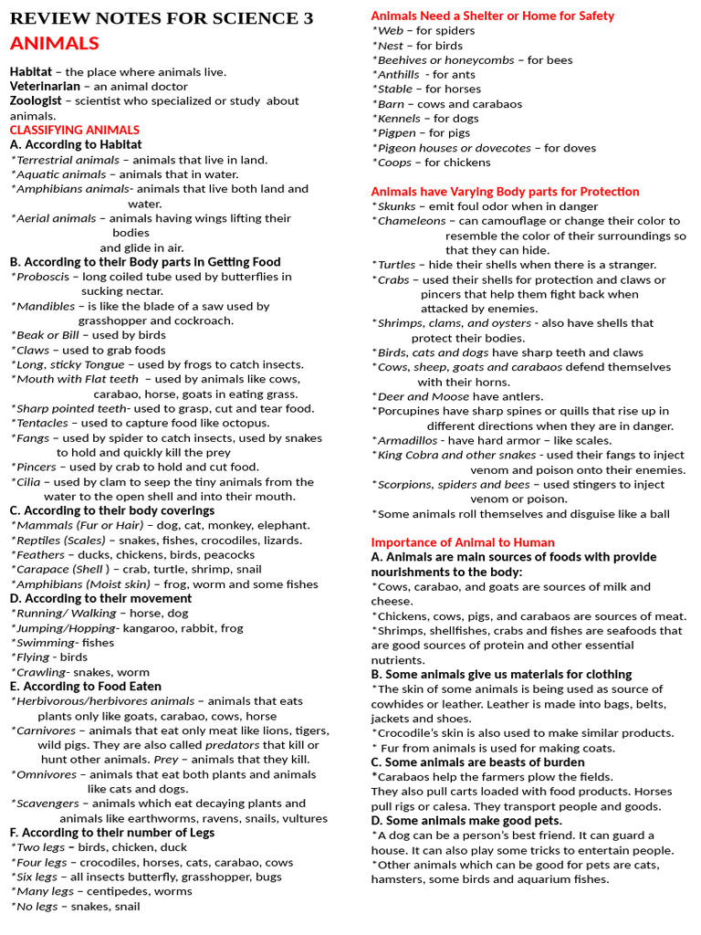 Animals Review Notes For Grade 3 Science Quiz | PDF | Predation | Venom