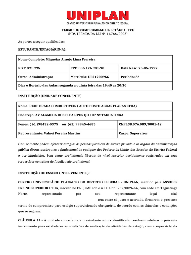 1 - Termo de Compromisso de Estágio - TCE | PDF | Estágio | Procura de Emprego