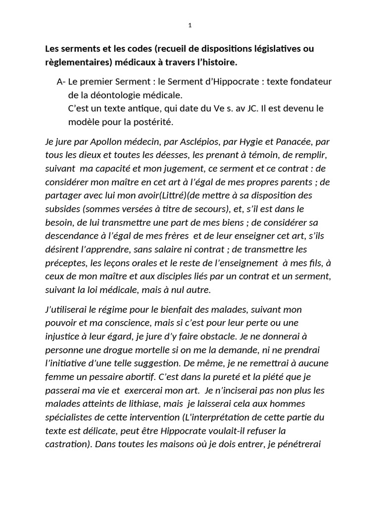 Serment d'Hippocrate : Éthique médicale | PDF | Platon | Aristote