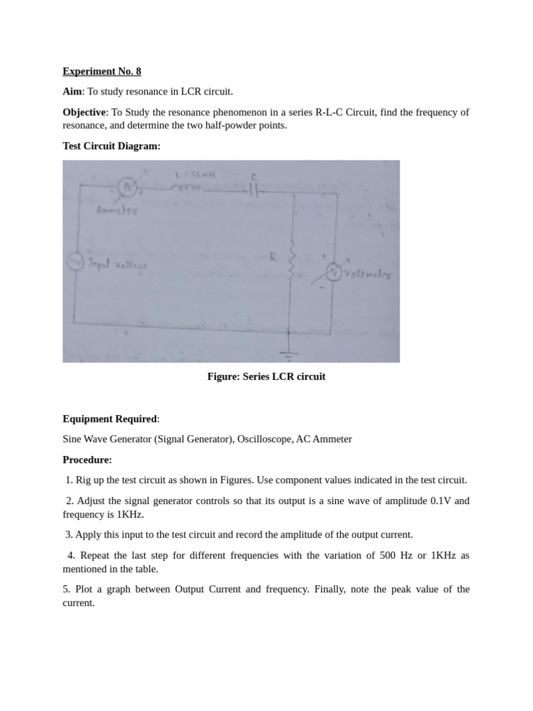 Experiment No. 8 - Study of L-C-R Circuit - Series and Parallel | PDF | Resonance | Electronic ...