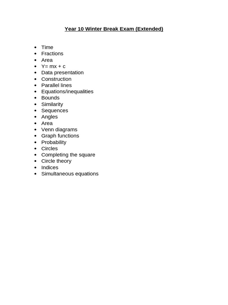 Year 10 Winter Break Exam - 1 | PDF