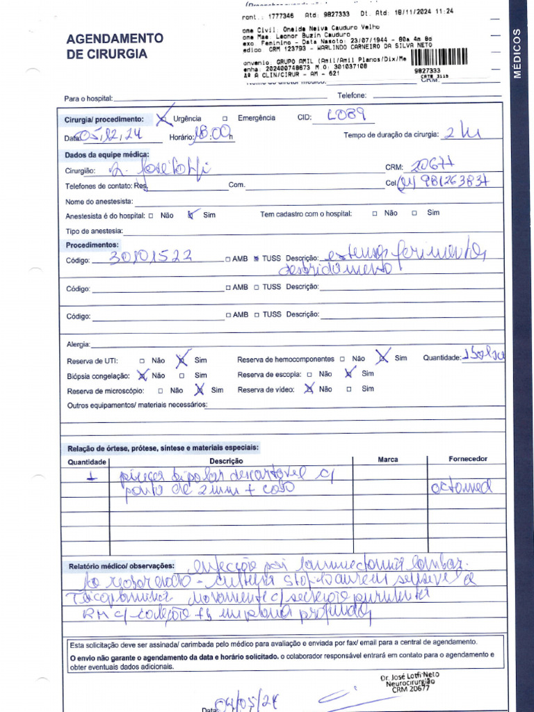 Agendamento de Cirurgia - Oneide Neiva Cauduro Velho - Leito 621 - AMIL. | PDF