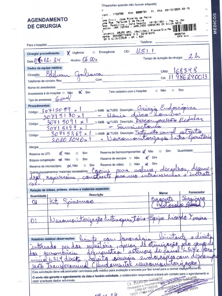 Agendamento de Cirurgia - Jose Ricardo de Paiva - Leito 624 - AMIL. | PDF