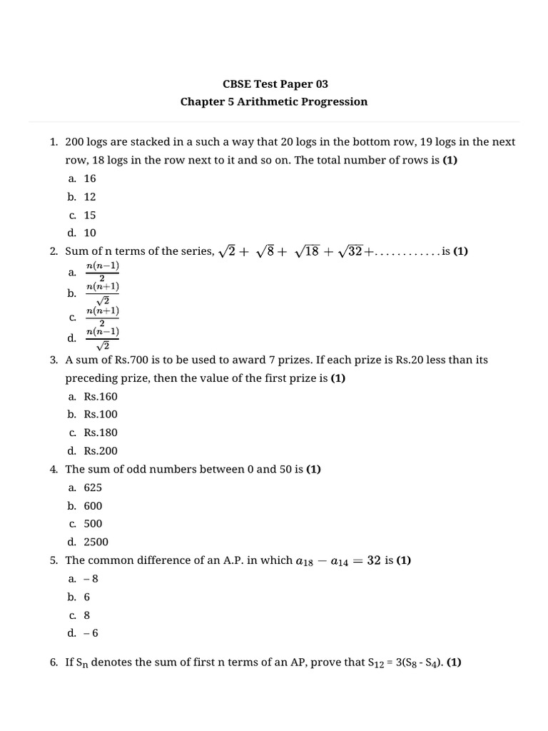 Arithmetic Progression Sample Paper 3 | PDF | Mathematical Analysis ...