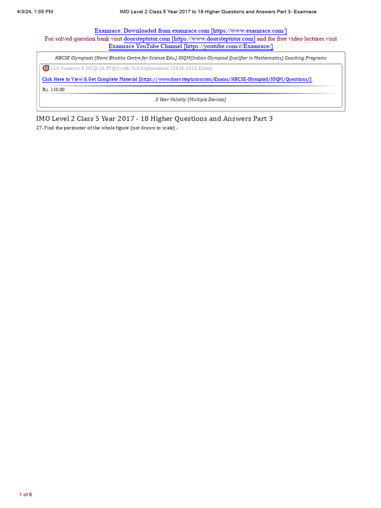 IMO Level 2 Class 5 Q&A 2017-18 Part 3 | PDF | Mathematics