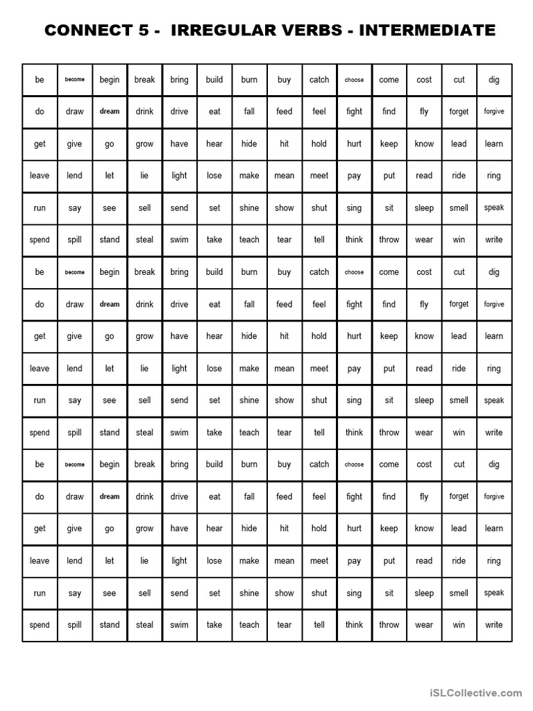 Connect 5 Game - Irregular Verbs For Intermediates | PDF