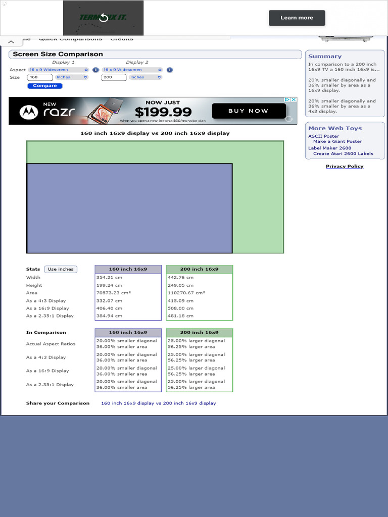 Visual TV Size Comparison 160 Inch 16x9 Display | PDF | Imaging ...